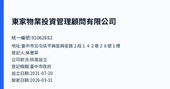 東家物業投資管理顧問有限公司的照片-統編 91062882(臺中市) 公司登記資料與營業項目詳細圖表