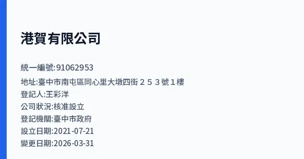 港賀有限公司的照片-統編 91062953(臺中市) 公司登記資料與營業項目詳細圖表