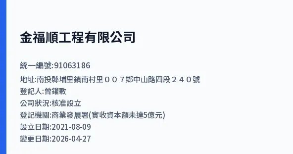 金福順工程有限公司的照片-統編 91063186(南投縣) 公司登記資料與營業項目詳細圖表