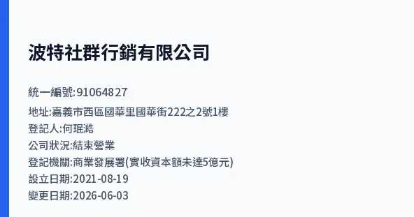 波特社群行銷有限公司的照片-統編 91064827(嘉義市) 公司登記資料與營業項目詳細圖表