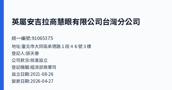 英屬安吉拉商慧眼有限公司台灣分公司的照片-統編 91065375(臺北市) 公司登記資料與營業項目詳細圖表