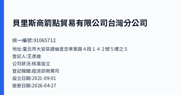 貝里斯商箭點貿易有限公司台灣分公司的照片-統編 91065712(臺北市) 公司登記資料與營業項目詳細圖表