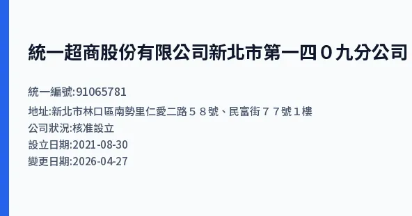 統一超商股份有限公司新北市第一四0九分公司的照片-統編 91065781(新北市) 公司登記資料與營業項目詳細圖表