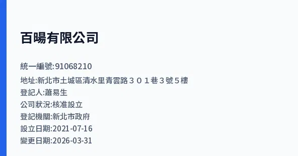 百暘有限公司的照片-統編 91068210(新北市) 公司登記資料與營業項目詳細圖表