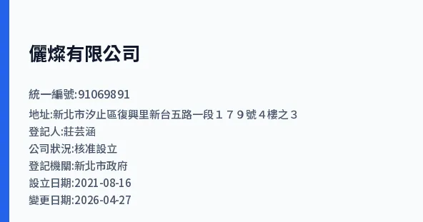 儷燦有限公司的照片-統編 91069891(新北市) 公司登記資料與營業項目詳細圖表