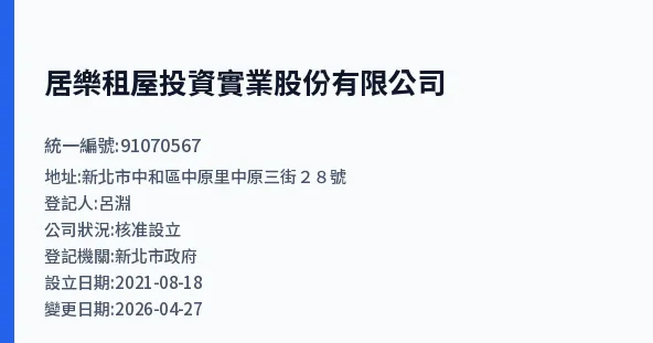 居樂租屋投資實業股份有限公司的照片-統編 91070567(新北市) 公司登記資料與營業項目詳細圖表
