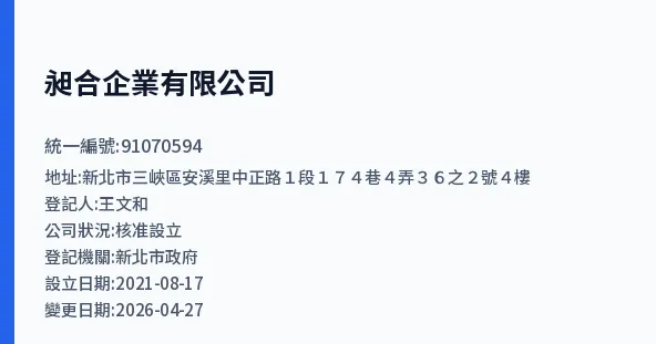 昶合企業有限公司的照片-統編 91070594(新北市) 公司登記資料與營業項目詳細圖表