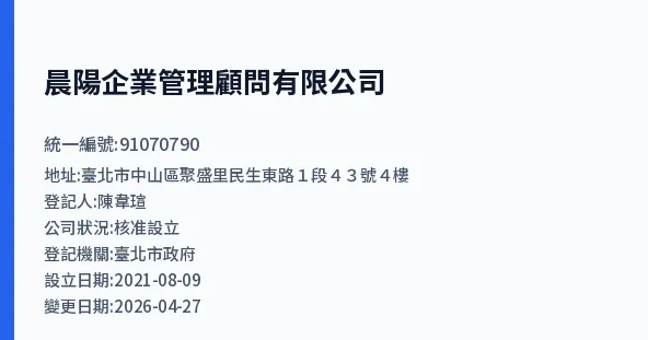晨陽企業管理顧問有限公司的照片-統編 91070790(臺北市) 公司登記資料與營業項目詳細圖表