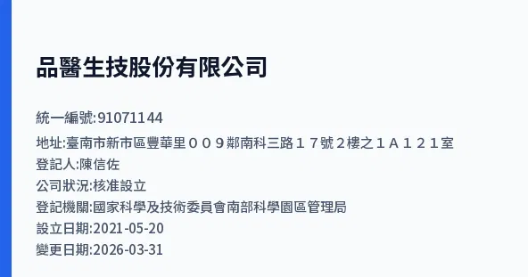 品醫生技股份有限公司的照片-統編 91071144(臺南市) 公司登記資料與營業項目詳細圖表