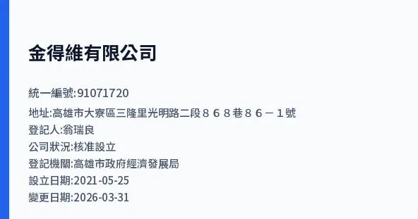 金得維有限公司的照片-統編 91071720(高雄市) 公司登記資料與營業項目詳細圖表