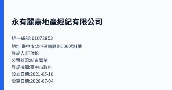 永有麗嘉地產經紀有限公司的照片-統編 91072853(臺中市) 公司登記資料與營業項目詳細圖表