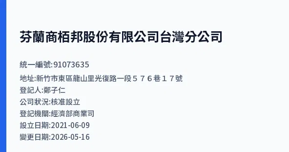 芬蘭商栢邦股份有限公司台灣分公司的照片-統編 91073635(新竹市) 公司登記資料與營業項目詳細圖表