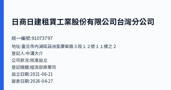 日商日建租賃工業股份有限公司台灣分公司的照片-統編 91073797(臺北市) 公司登記資料與營業項目詳細圖表