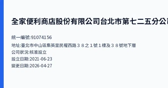 全家便利商店股份有限公司台北市第七二五分公司的照片-統編 91074156(臺北市) 公司登記資料與營業項目詳細圖表