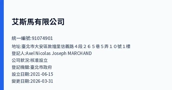艾斯馬有限公司的照片-統編 91074901(臺北市) 公司登記資料與營業項目詳細圖表