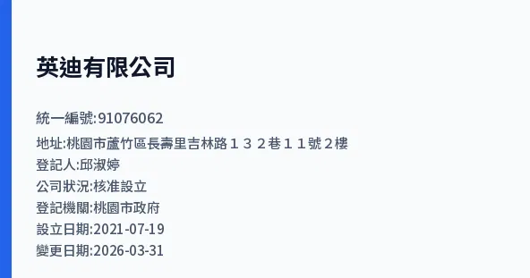 英迪有限公司的照片-統編 91076062(桃園市) 公司登記資料與營業項目詳細圖表