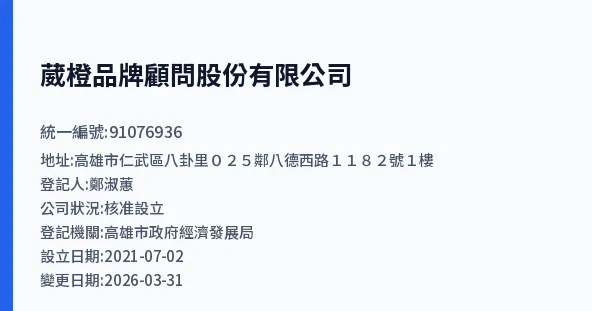 葳橙品牌顧問股份有限公司的照片-統編 91076936(高雄市) 公司登記資料與營業項目詳細圖表