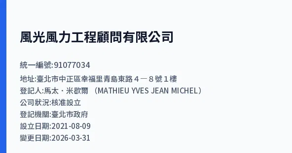 風光風力工程顧問有限公司的照片-統編 91077034(臺北市) 公司登記資料與營業項目詳細圖表