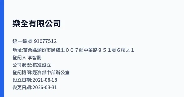 樂全有限公司的照片-統編 91077512(苗栗縣) 公司登記資料與營業項目詳細圖表