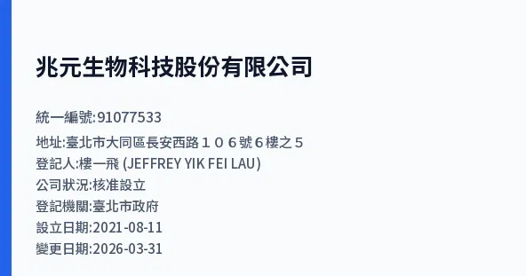 兆元生物科技股份有限公司的照片-統編 91077533(臺北市) 公司登記資料與營業項目詳細圖表