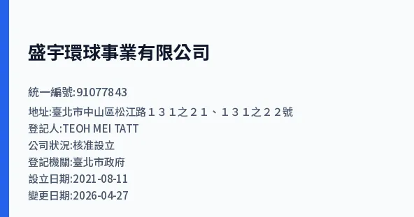 盛宇環球事業有限公司的照片-統編 91077843(臺北市) 公司登記資料與營業項目詳細圖表