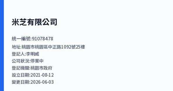 米芝有限公司的照片-統編 91078478(桃園市) 公司登記資料與營業項目詳細圖表
