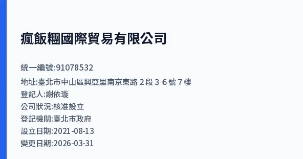 瘋飯糰國際貿易有限公司的照片-統編 91078532(臺北市) 公司登記資料與營業項目詳細圖表