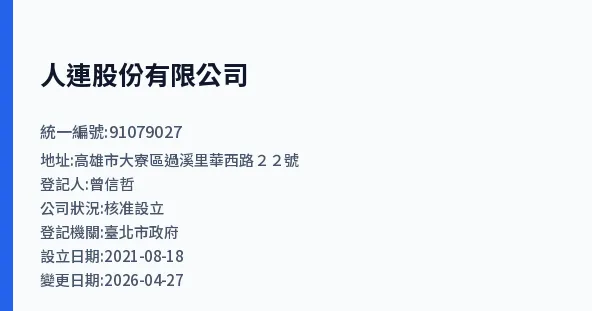 人連股份有限公司的照片-統編 91079027(高雄市) 公司登記資料與營業項目詳細圖表