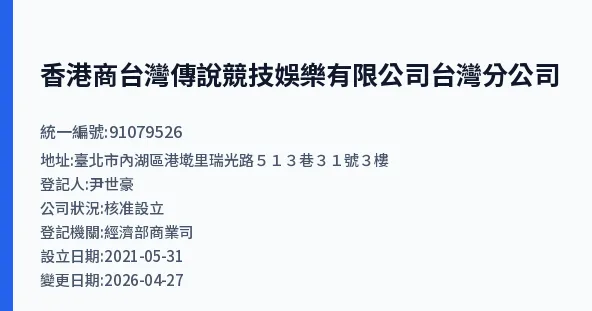 香港商台灣傳說競技娛樂有限公司台灣分公司的照片-統編 91079526(臺北市) 公司登記資料與營業項目詳細圖表