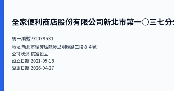 全家便利商店股份有限公司新北市第一○三七分公司的照片-統編 91079531(新北市) 公司登記資料與營業項目詳細圖表
