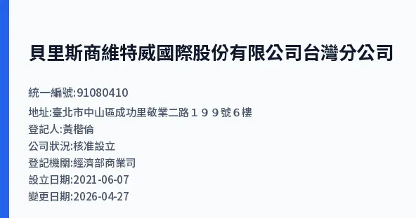 貝里斯商維特威國際股份有限公司台灣分公司的照片-統編 91080410(臺北市) 公司登記資料與營業項目詳細圖表