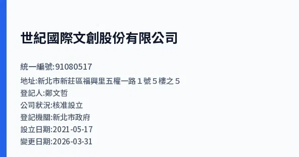 世紀國際文創股份有限公司的照片-統編 91080517(新北市) 公司登記資料與營業項目詳細圖表