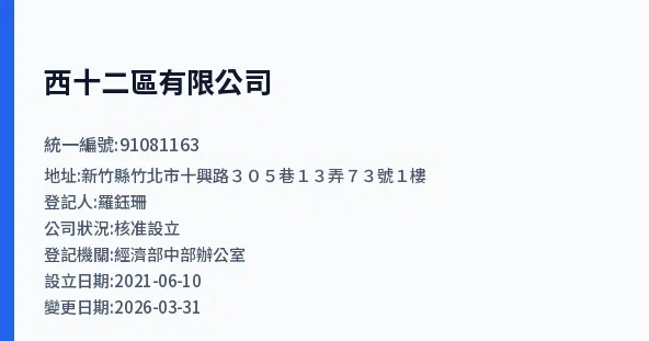 西十二區有限公司的照片-統編 91081163(新竹縣) 公司登記資料與營業項目詳細圖表