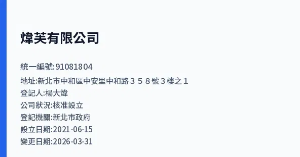 煒芙有限公司的照片-統編 91081804(新北市) 公司登記資料與營業項目詳細圖表
