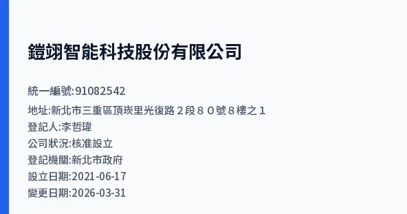 鎧翊智能科技股份有限公司的照片-統編 91082542(新北市) 公司登記資料與營業項目詳細圖表
