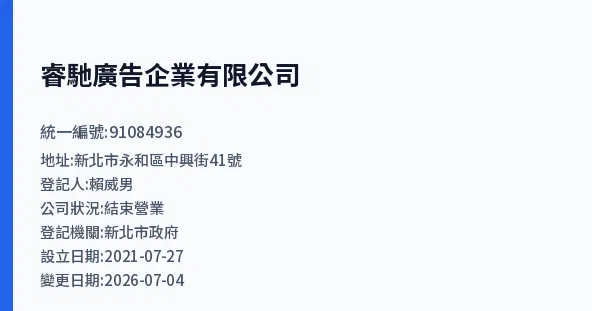 睿馳廣告企業有限公司的照片-統編 91084936(新北市) 公司登記資料與營業項目詳細圖表