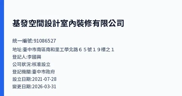 基發空間設計室內裝修有限公司的照片-統編 91086527(臺中市) 公司登記資料與營業項目詳細圖表