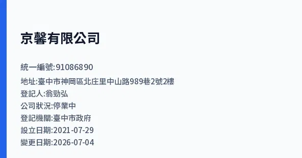 京馨有限公司的照片-統編 91086890(臺中市) 公司登記資料與營業項目詳細圖表