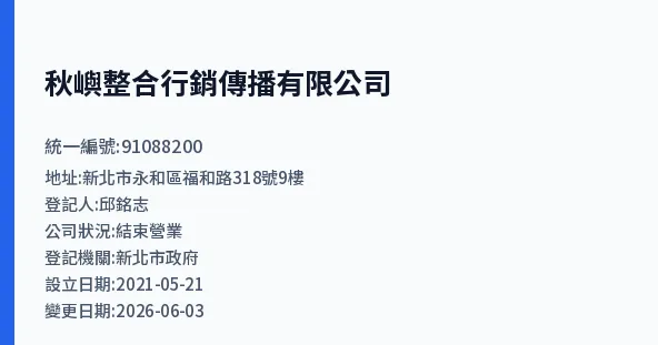 秋嶼整合行銷傳播有限公司的照片-統編 91088200(新北市) 公司登記資料與營業項目詳細圖表