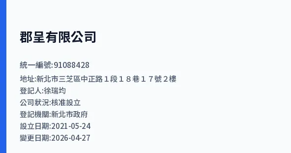 郡呈有限公司的照片-統編 91088428(新北市) 公司登記資料與營業項目詳細圖表