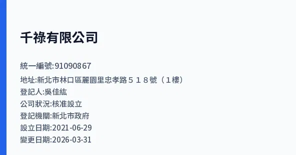千祿有限公司的照片-統編 91090867(新北市) 公司登記資料與營業項目詳細圖表