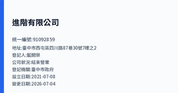 進階有限公司的照片-統編 91092859(臺中市) 公司登記資料與營業項目詳細圖表