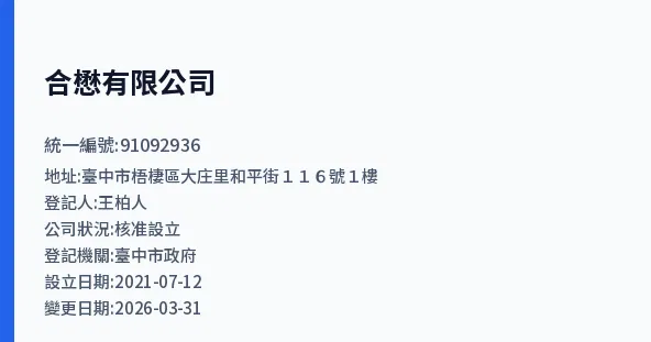合懋有限公司的照片-統編 91092936(臺中市) 公司登記資料與營業項目詳細圖表