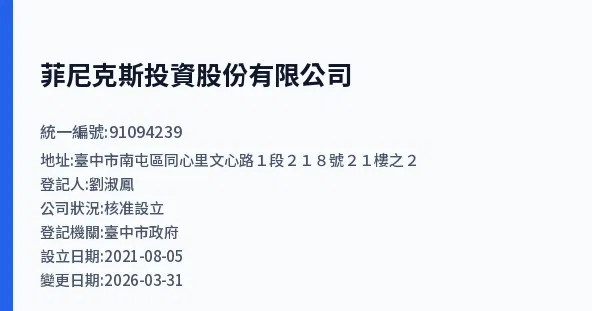 菲尼克斯投資股份有限公司的照片-統編 91094239(臺中市) 公司登記資料與營業項目詳細圖表