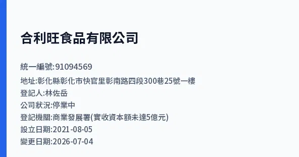 合利旺食品有限公司的照片-統編 91094569(彰化縣) 公司登記資料與營業項目詳細圖表
