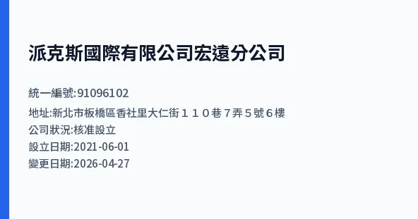 派克斯國際有限公司宏遠分公司的照片-統編 91096102(新北市) 公司登記資料與營業項目詳細圖表