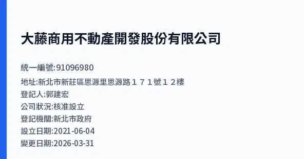 大藤商用不動產開發股份有限公司的照片-統編 91096980(新北市) 公司登記資料與營業項目詳細圖表