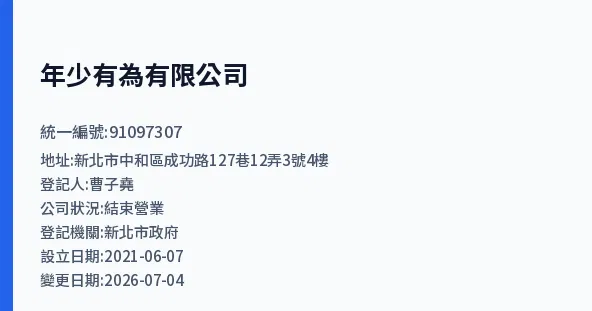 年少有為有限公司的照片-統編 91097307(新北市) 公司登記資料與營業項目詳細圖表