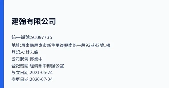 建翰有限公司的照片-統編 91097735(屏東縣) 公司登記資料與營業項目詳細圖表