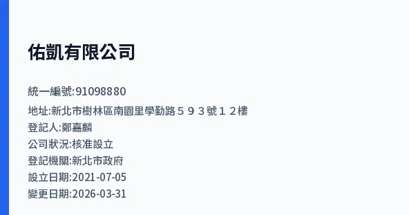 佑凱有限公司的照片-統編 91098880(新北市) 公司登記資料與營業項目詳細圖表